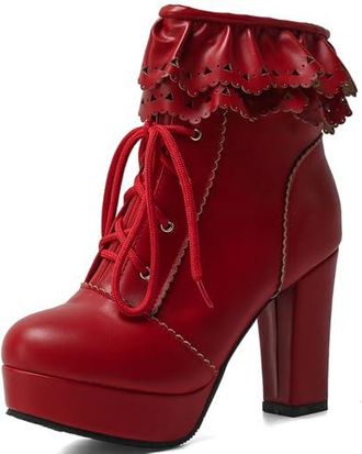 SJJH Bottines &agrave; fermeture &eacute;clair lat&eacute;rale | Bottes pour femme pour port saisonnier, talon de 9,5 cm, style cor&eacute;en, polyvalent, rouge, 40 EU