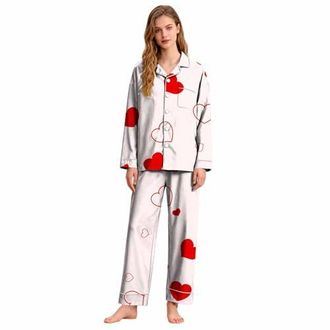 Generic Ensemble de pyjama 2 pi&egrave;ces en satin pour femme avec imprim&eacute; coeur romantique et haut &agrave; boutons &agrave; revers et pantalon pour femme, v&ecirc;tements de d&eacute;tente 