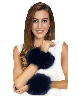 Lina & Lily Poignets dhiver pour femmes - Chauffants en fausse fourrure duveteuse, bleu marine, taille unique