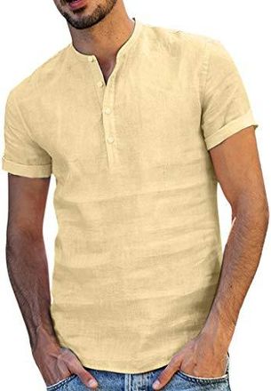 Generic Chemise dentra&icirc;nement en coton et lin pour homme - Couleur unie - Manches courtes - Style r&eacute;tro - Coupe droite, kaki, XXL