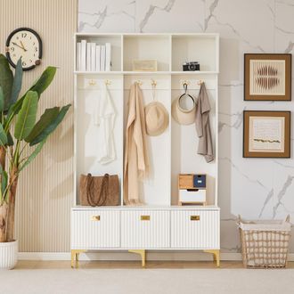 Generic Garderobenset Wei&szlig; Hochglanz 120 cm Breit Flurgarderobe Gro&szlig; Rillenoptik mit Sitzbank & Goldene Haken Kompaktgarderobe Modern Schuhschrank Hall Tree &