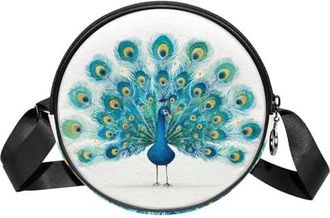 Generic Sac &agrave; bandouli&egrave;re rond pour femme, &eacute;l&eacute;gant paon avec fermeture &eacute;clair, bretelles r&eacute;glables, sac &agrave; main rond d&eacute;contract&eacute; pour femmes et filles
