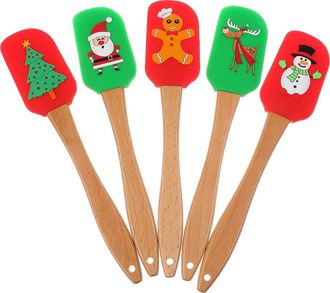 Yarnow 5 St&uuml;ck Weihnachts-Silikonspatel Weihnachts-Backspatel Mit Holzgriff K&uuml;chen-Kochspatel Zum Mischen Kochen Backen