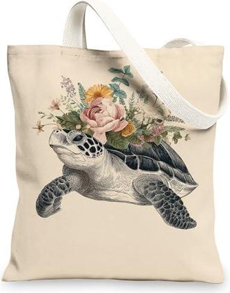 Generic Sac fourre-tout en toile motif tortue florale, motif vie océanique, sac dépicerie réutilisable, vintage, léger et lavable, bandoulière pour voyage, be