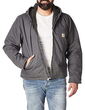 Carhartt Work in Progress Veste utilitaire en coton duck d&eacute;lav&eacute; avec doublure en sherpa pour homme, coupe d&eacute;contract&eacute;e, gravier, Large