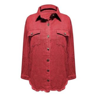 Generic Chemise en jean d&eacute;lav&eacute; veste tendance d&eacute;contract&eacute;e pour femme chemise &agrave; manches longues en coton pour femme, Rouge, XXL