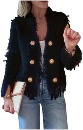 Generic Cardigan tendance à franges pour femme, manches longues, ouvert sur le devant, boutonné, fausse fourrure duveteuse, bordure au crochet, vestes tendanc