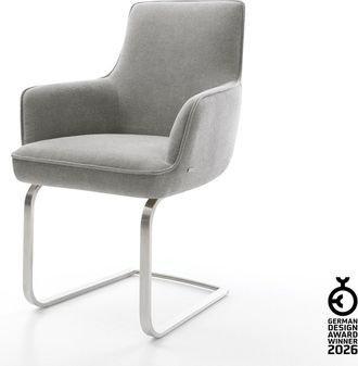 DELIFE Freischwinger Heira-Flex mit Armlehnen Strukturstoff Soft Grau Freischwinger flach Edelstahl Taschenfederkern, Esszimmerst&uuml;hle