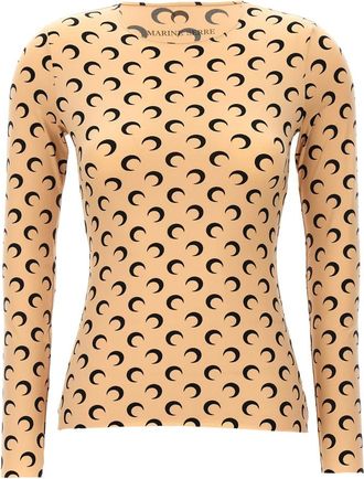 Marine Serre Femme, Tops, Beige, Taille: 42 FR Moon Printed Jersey Crewneck Top