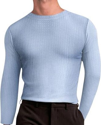 Generic Chemise &agrave; manches longues et col rond pour homme - L&eacute;g&egrave;re, respirante - Coupe ajust&eacute;e - Pour le printemps et lautomne - Confortable, bleu clair, 5XL