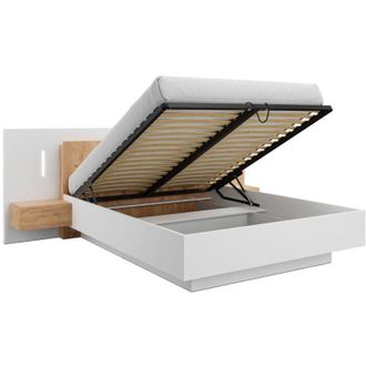 Vente-Unique Vente-unique - Lit coffre avec chevets 160 x 200 cm - 2 tiroirs - Avec LEDs - Coloris : Blanc et naturel - francoli