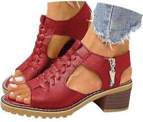 Generic Sandales &agrave; bout ouvert pour femme - &Agrave; talons mi-bas - Fermeture &eacute;clair - Sandales compens&eacute;es - Sandales de f&ecirc;te - Sandales d&eacute;contract&eacute;es &agrave; bout ouvert