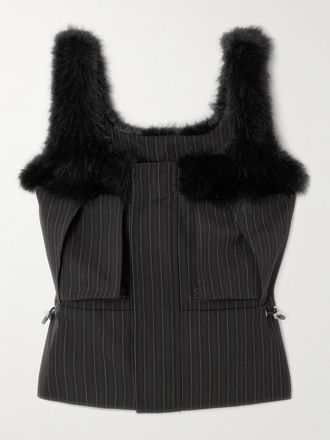 sacai Haut En Tissu À Rayures Et À Finitions En Poils Synthétiques - Noir