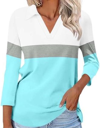 Generic Polo classique en coton piqué pour femme - Manches 3/4 - Col en V boutonné - T-shirt de travail fantaisie rayé - Couleurs contrastées - Patchwork - Po
