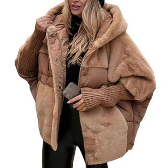 Generic Doudoune surdimensionn&eacute;e pour femme &agrave; capuche patchwork l&eacute;ger rembourr&eacute; doudoune manteaux dhiver chauds, kaki, XXL