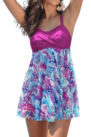 SHEKINI Damen Einteiliger Badeanzug Elegant Badekleider Schwimmrock Retro Rückenfrei Ruched Badekleid Bauchweg Schwimmkleid Baderock(Pureple Peacock Druck,XXL