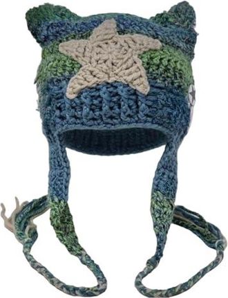 Generic Cache-oreilles en laine &agrave; rayures pour adultes Motif chat &eacute;toil&eacute;, bleu, Taille unique