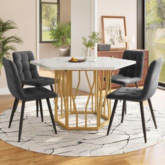 Generic Essgruppe - Modernes Tisch mit 4 st&uuml;hlen Set, 5-teiliges Esstisch-Set mit sechseckigem Marmor-Tisch und Samtst&uuml;hlen, stilvolle Esszimmerm&ouml;bel f&uuml;r EIN 