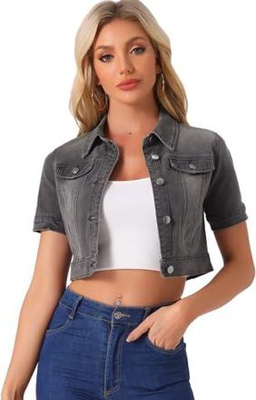 Allegra K Veste Jean Femme R&eacute;tro Blouson Denim Courte Boutonnage Col Revers & Taille Cintr&eacute;e Manches Courtes Style Vintage D&eacute;contract&eacute; Gris Fonc&eacute; L