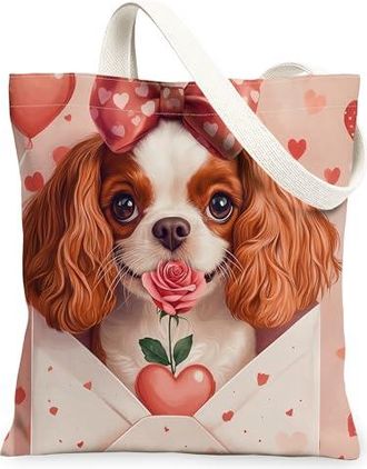 Generic Sac fourre-tout r&eacute;utilisable en toile avec motif teckel pour le shopping, 33 x 38 cm, motif chiot avec lettre damour pour femme, animal domestique, pe