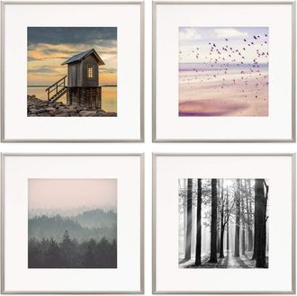 Photolini Alu-Bilderrahmen 30x30 cm Silber schmal, 4er Set Metall-Rahmen aus Aluminium, bruchsicheres Acrylglas, mit Passepartout f&uuml;r Fotos 20x20 cm, Zubeh&ouml;r, m