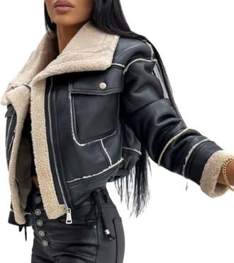 ZhuiKun Veste en Similicuir pour Femmes Veste de Motard Veste dhiver doubl&eacute;e de fausse fourrure Veste Bomber Col &agrave; revers Blouson en Faux Cuir - Noir, M