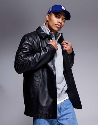 Asos Premium - Blouson Harrington en cuir véritable - Noir