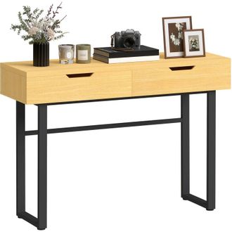 HOMCOM Console meuble - HOMCOM - &eacute;troite - 2 tiroirs - cadre en m&eacute;tal, sans poign&eacute;es - panneau de particules - 110x35x76,5cm - bois naturel
