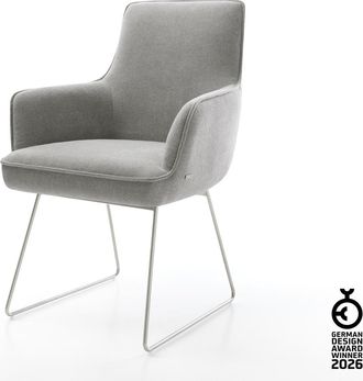DELIFE Esszimmerstuhl Heira-Flex mit Armlehnen Strukturstoff Soft Grau Kufengestell Edelstahl Taschenfederkern, Esszimmerst&uuml;hle