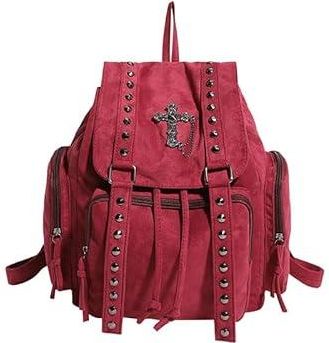 Generic Sac &agrave; dos d&eacute;cole gothique Punk pour femmes, grand sac &agrave; dos &agrave; Rivets avec cordon de serrage (rouge)