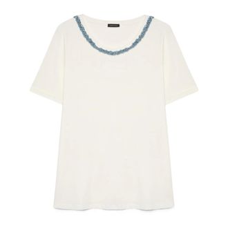 Fiorella Rubino Baumwoll-T-Shirt mit Applikation am Ausschnitt - - Tops - Damen - Wei&szlig; - XL