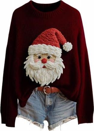 Generico Pull de No&euml;l rouge femme sweat femme de No&euml;l sweats P&egrave;re No&euml;l imprim&eacute; pull Tops &eacute;l&eacute;gant mode pull de No&euml;l avec col en fourrure et renne rouge, 01wine,