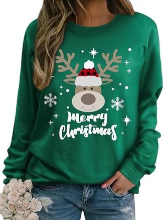 Dresswel Pull de Noël Femme Merry Christmas Sweatshirt Drôle Rudolph Renne Imprimé Coton Noël Noël Noël Pull de Noël Pull de Noël Adolescentes Filles, 4-vert, 