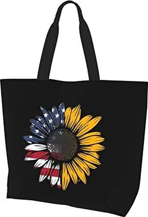 AOOEDM Sac &agrave; provisions r&eacute;utilisable en toile pour dames avec drapeau am&eacute;ricain et tournesol