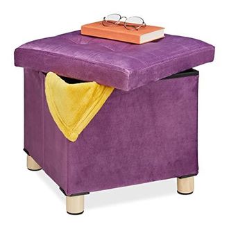 Relaxdays Tabouret de Rangement, Couvercle-Plateau, Pieds en Bois, Pouf carr&eacute;, H x L x P : 35x38x38 cm, Mauve