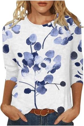 Generic Hauts pour femmes UK T-shirt dété à col rond et imprimé floral ample décontracté à manches 3/4 pour femme, bleu ciel, XXL