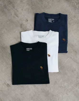 Abercrombie & Fitch lot de 3 t-shirts premium &eacute;pais en noir, bleu marine et blanc