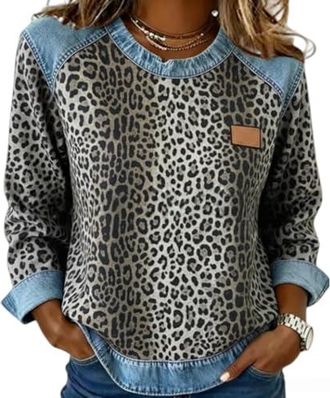 Generic Sweats en denim patchwork pour femme, col en denim, patchwork cousu, pull de No&euml;l d&eacute;contract&eacute;, gris, 3XL