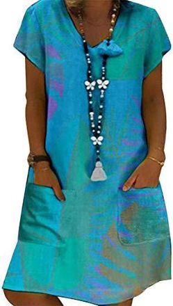 ORANDESIGNE Femme Robe Chic Robe Été Robe de Plage Col V Casual Grande Taille Robe Manches Courte Unie T-Shirt Coton Lin Robes Bohême Midi Dress D Bleu Clair 48
