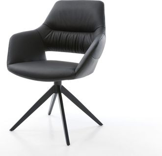 DELIFE Drehstuhl Yago-Flex mit Armlehnen Echt-Leder Schwarz Kreuzgestell breit Schwarz 360&deg; drehbar Wippfunktion Taschenfederkern, Esszimmerst&uuml;hle