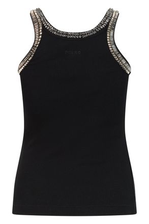 Pinko Womens Sleeveless Top With Rhinestones, Black Cotton Vests & Tank Tops