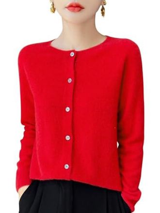 ORANDESIGNE Gilet Femme Chic et Elegant Gilet Court Col Rond Gilets Manches Longues Cardigan Laine Mi-Saison A Rouge XL