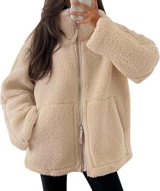 ORANDESIGNE Veste Polaire Femme Veste Cardigan avec Fermeture &eacute;clair Int&eacute;grale et Poches Col Montant Manteau Automne Hiver Couleur Unie Manches Longues Blouson A 