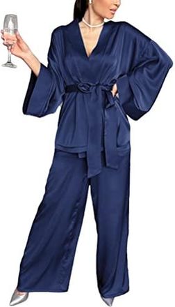 Minetom Femmes Ensemble de Pyjama en Satin Elégant Manche Longue Vêtements de Nuit 2 Pièces Top avec Ceinture et Pantalon A Bleu Foncé L