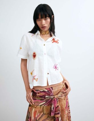 Desigual Chemise brod&eacute;e &agrave; manches courtes - Blanc