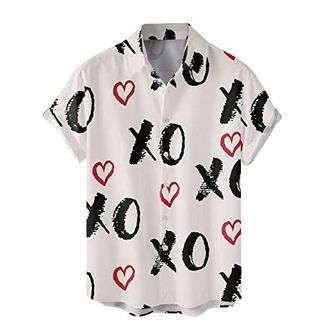 Generic Chemises boutonn&eacute;es pour homme printemps et &eacute;t&eacute; pour la Saint-Valentin 2026 - Revers d&eacute;contract&eacute; - Imprim&eacute; complet - Plage &agrave; manches courtes - Ext&eacute;rie