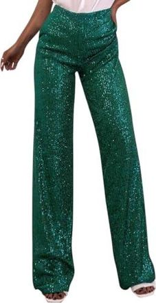 Onsoyours Femmes Paillettes Taille Haute Jambe Large Pantalon Sequin Cloche Bas Pantalon Mode Brillant Soirée Clubwear Couleur Unie Pantalon Femme Chic B Vert M
