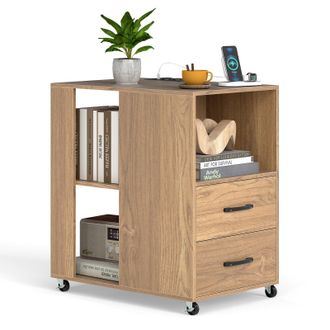 Costway Beistelltisch mit Rollen, Nachttisch mit Steckdosen & 2 Schubladen & Offene Regale, Nachttisch f&uuml;r Schlafzimmer, Wohnzimmer, B&uuml;ro, 60 x 40 x 65,5 cm (