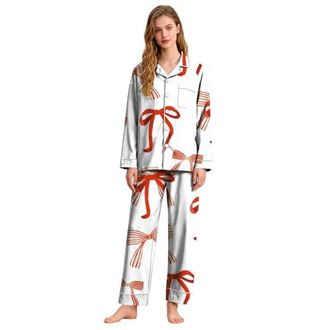 Generic Ensemble de pyjama 2 pi&egrave;ces en satin de soie pour femme - Haut &agrave; manches longues boutonn&eacute; &agrave; revers avec pantalon long - V&ecirc;tement de d&eacute;tente confortabl