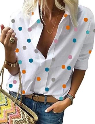 Minetom Femme Chemisier Blouse Casual Lâche Col V T Shirt à Manches Longues Chic Chemise Automne Couleur Unie Polka Dot Top B Blanc 46